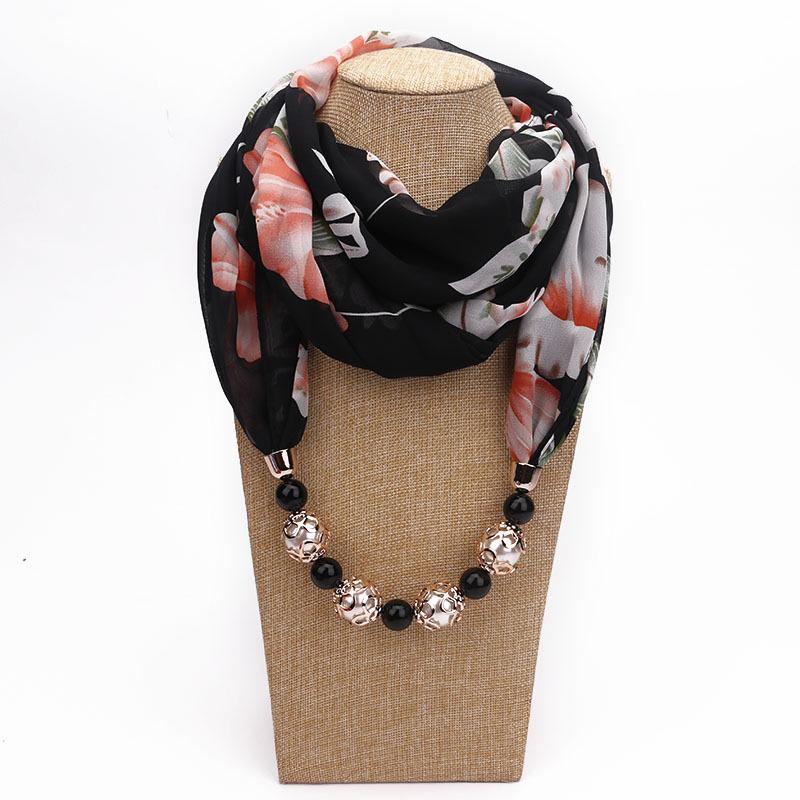 Chiffon, Polyester Beaded Pendant Jewelry Necklace Scarf – Black ...