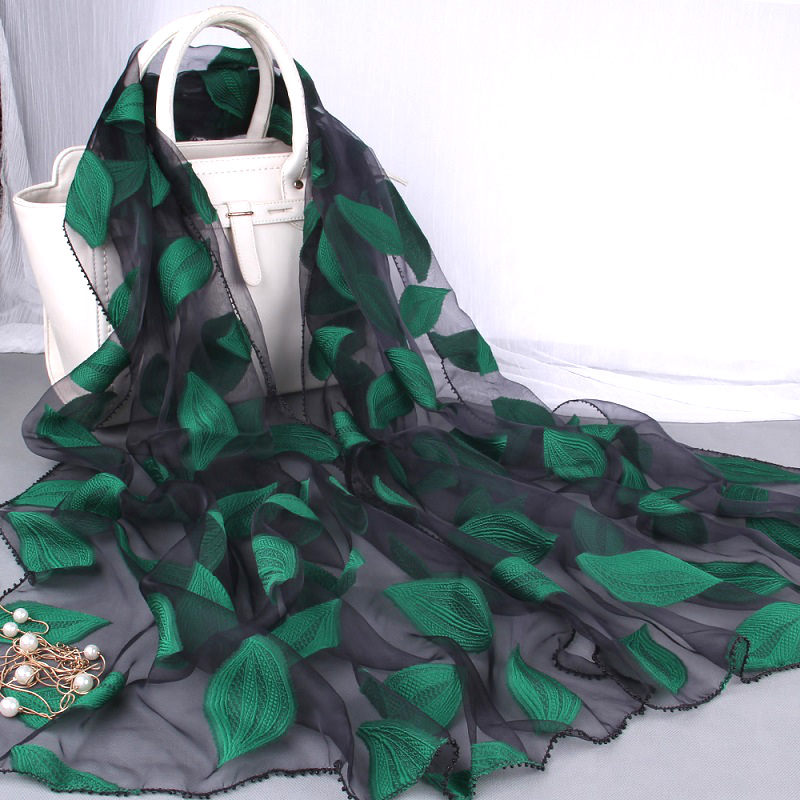 Women’s Gorgeous leaves print Silk/ Polyester Long Scarf – Green ...